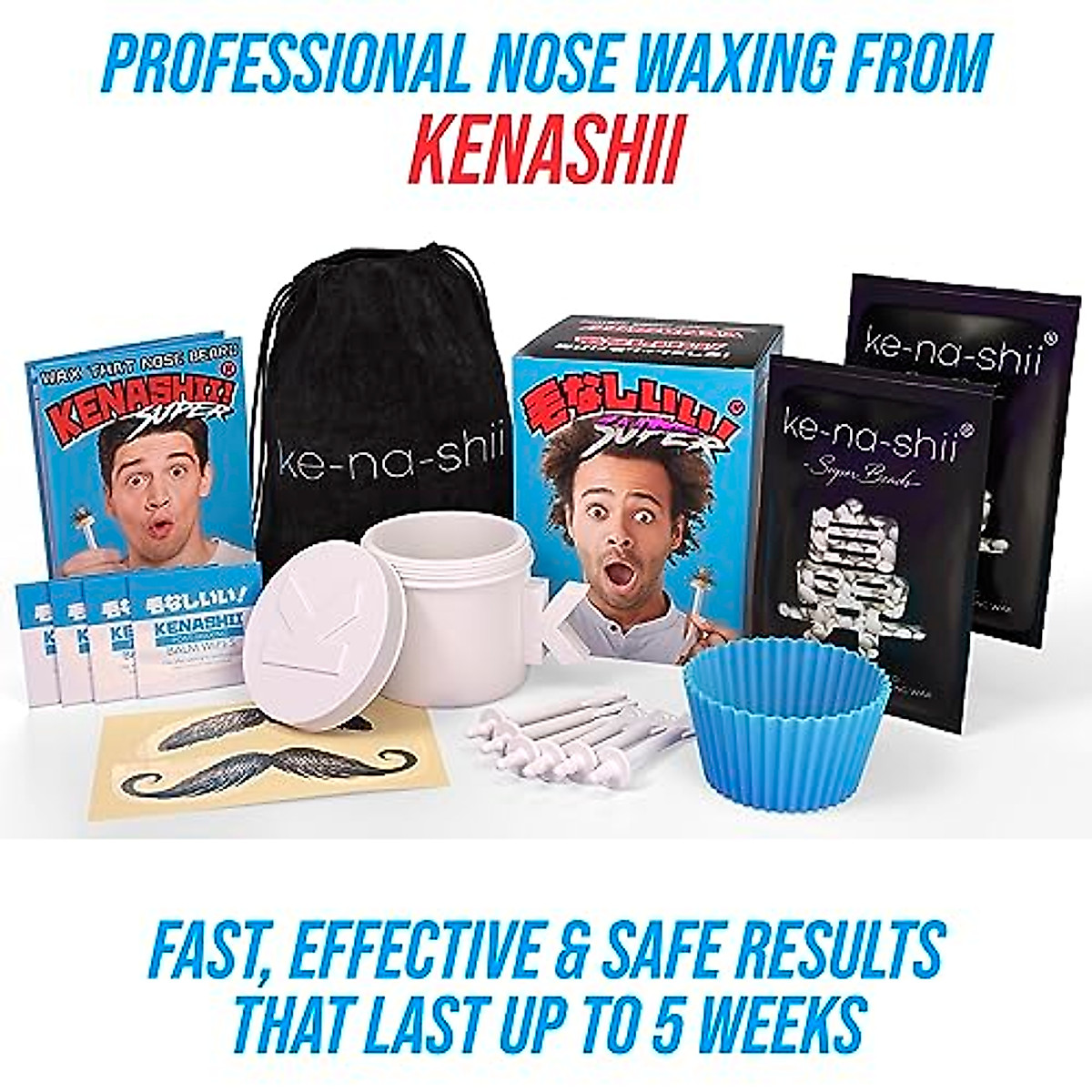 Kenashii Super Nose Wax Kit | 100 g Wax, 24 Applicators | No Microwave Required | New Nose and Ear Hair Removal Kit | Nasal Waxing For Men and Women | 12 X Balm Wipes and Mustache Guards | Storage Bag
