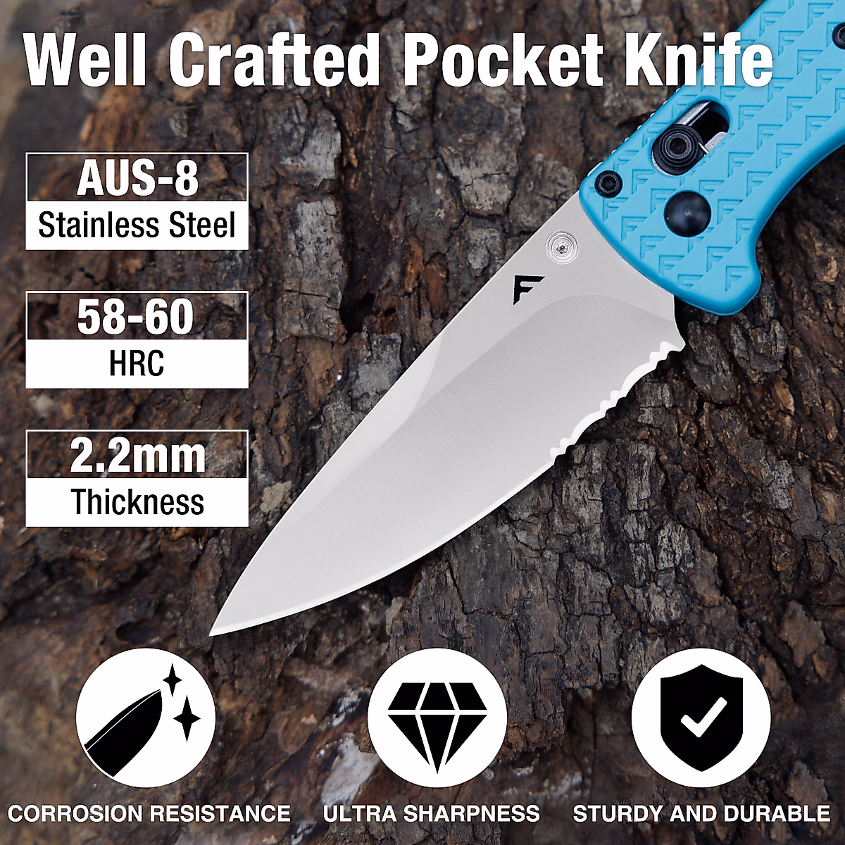 FLISSA 4.5" Folding Pocket Knife, Lightweight EDC Pocket Knife with Axis Lock, 3.2" AUS-8 Steel Blade, Sharp Camping Hiking Knife with Pocket Clip, Unique Tool Gift for Men, Dad (Blue)