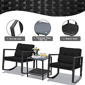RELAX4LIFE Outdoor Rocking Chair Set, 3-Piece PE Rattan Bistro Set Patio Wicker Conversation Set w/Cushions Table & Storage Shelf, Outdoor Furniture for Garden, Backyard and Poolside (Black)