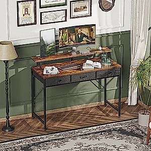 Huuger 47 inch Computer Desk with LED Lights & Power Outlets, Gaming Desk Home Office Desk with Storage Drawers, Rustic Brown