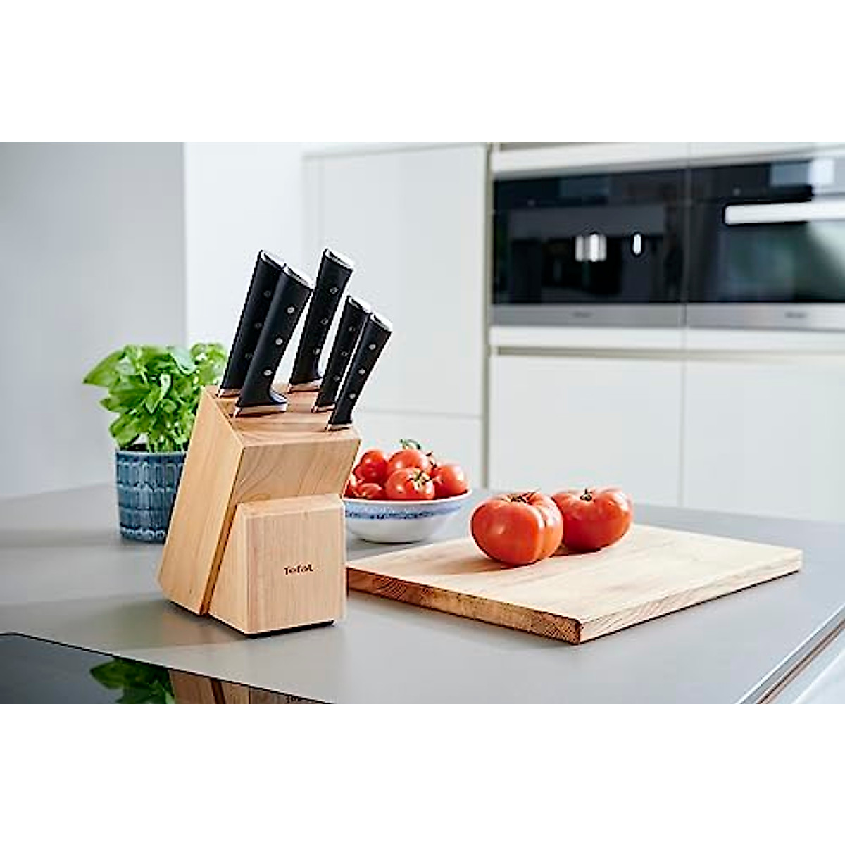 Tefal Ice Force K232S574 Wooden Block with 5 Slots and 5 Knives: Bread Knife 20 cm / Chef Knife 20 cm / Santoku Knife 18 cm / Paring Knife 11 cm / Carving Knife 9 cm