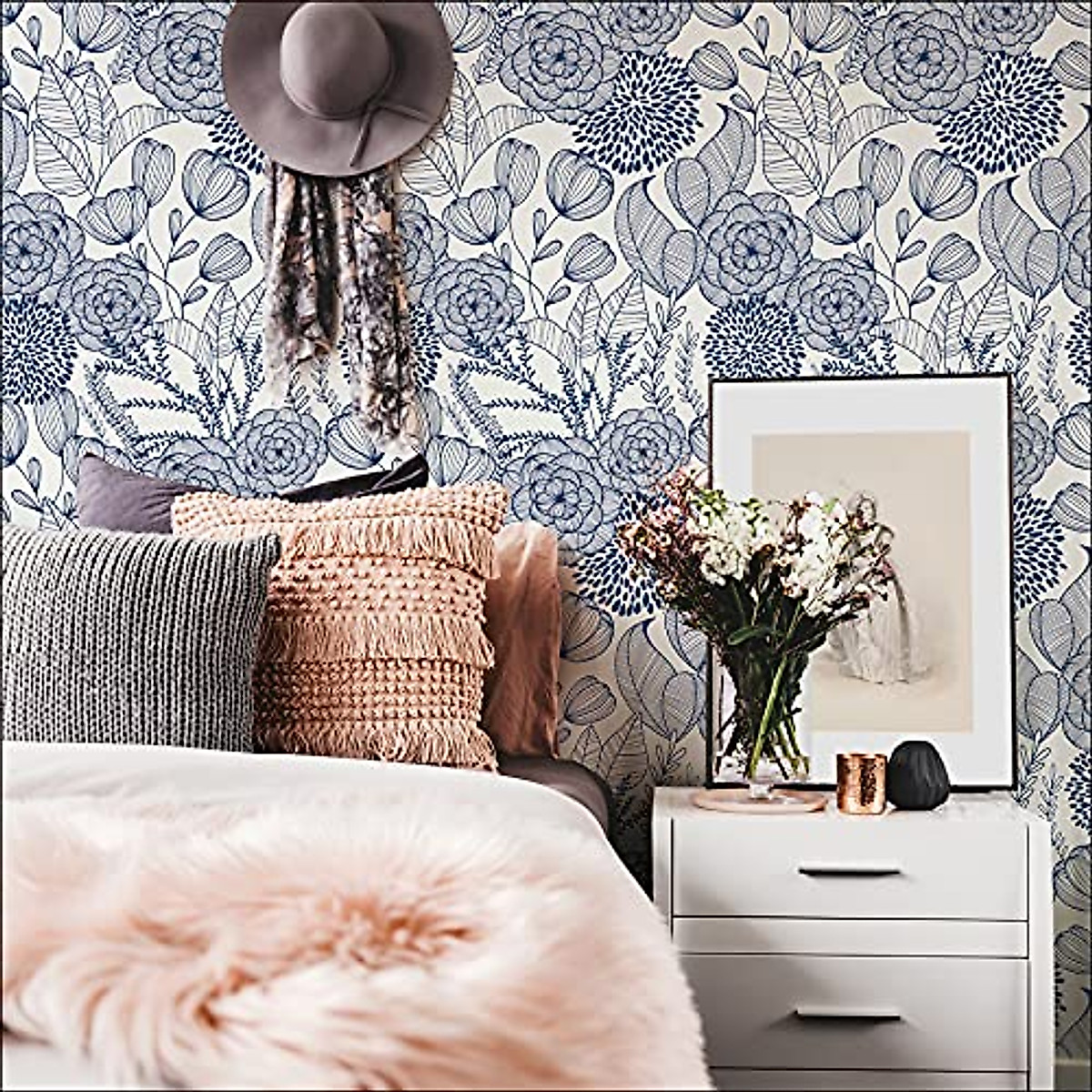 NuWallpaper NUS3830 Navy Secret Garden Peel & Stick Wallpaper, Blue