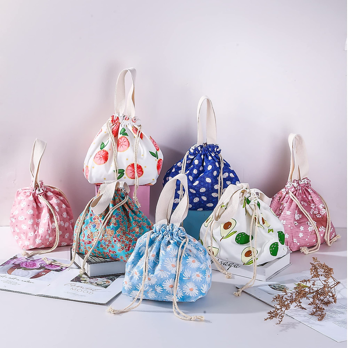 Lunch Bag, Lunch Bento Tote Pouch Reusable Small Cute Lunch Bag with Drawstring Suitable for Girls Women Work Camping Picnic (Daisy Blue)