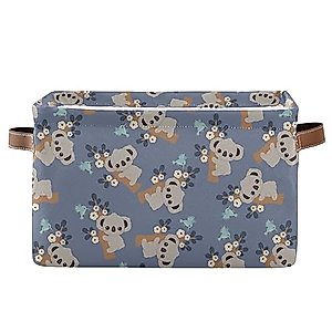 Koala Floral Storage Basket Collapsible Storage Bins Box Cubes Fabric Clothes Hamper Toy Chest Gift Baskets for Shelves Home Shoes Office Nursery with Leather Handles