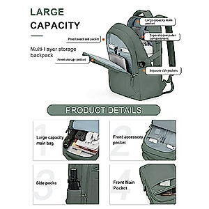 Travel Laptop Carry on Backpack for Women Men, Airline Flight Approved Waterproof 14 Inch Laptop Backpack, Casual Daypack College Personal item Bag Rucksack with USB Charging Port for Business, Green