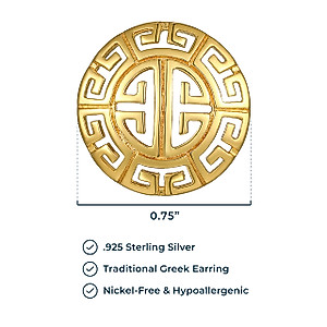 MORGAN & PAIGE Sterling Silver Greek Earrings, Greco Design Gold Stud Earrings with Laser-Cut Detailing, 18K Gold Plated Circle Earrings, Greek Jewelry Gifts for Women