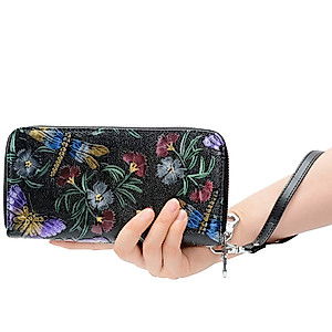GENTFOX Women's Wallet RFID Blocking Leather Double Zipper Cellphone Wallet Long Purse with Removable Wrist Strap