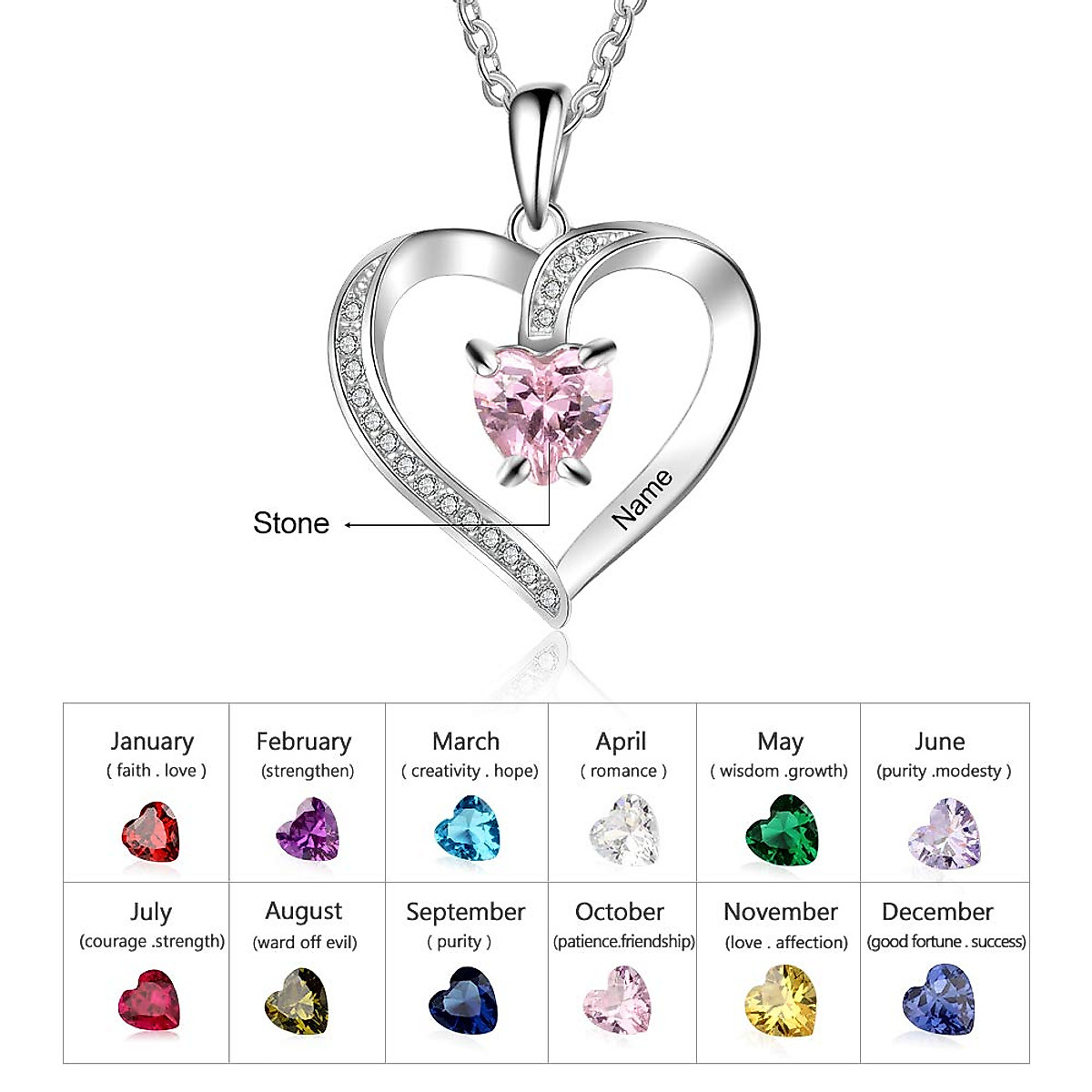 Gemszoo Personalized Names Heart Necklace with Simulated Birthstone Pendant Necklace for Women Mother (1 Name)