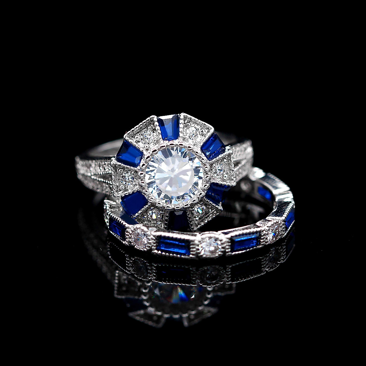 Uloveido Women's Platinum Plated Baguette Cut Blue Cubic Zirconia 2 Pcs Engagement Wedding Band Stacking Rings Set Gift (Size 6) RJ497