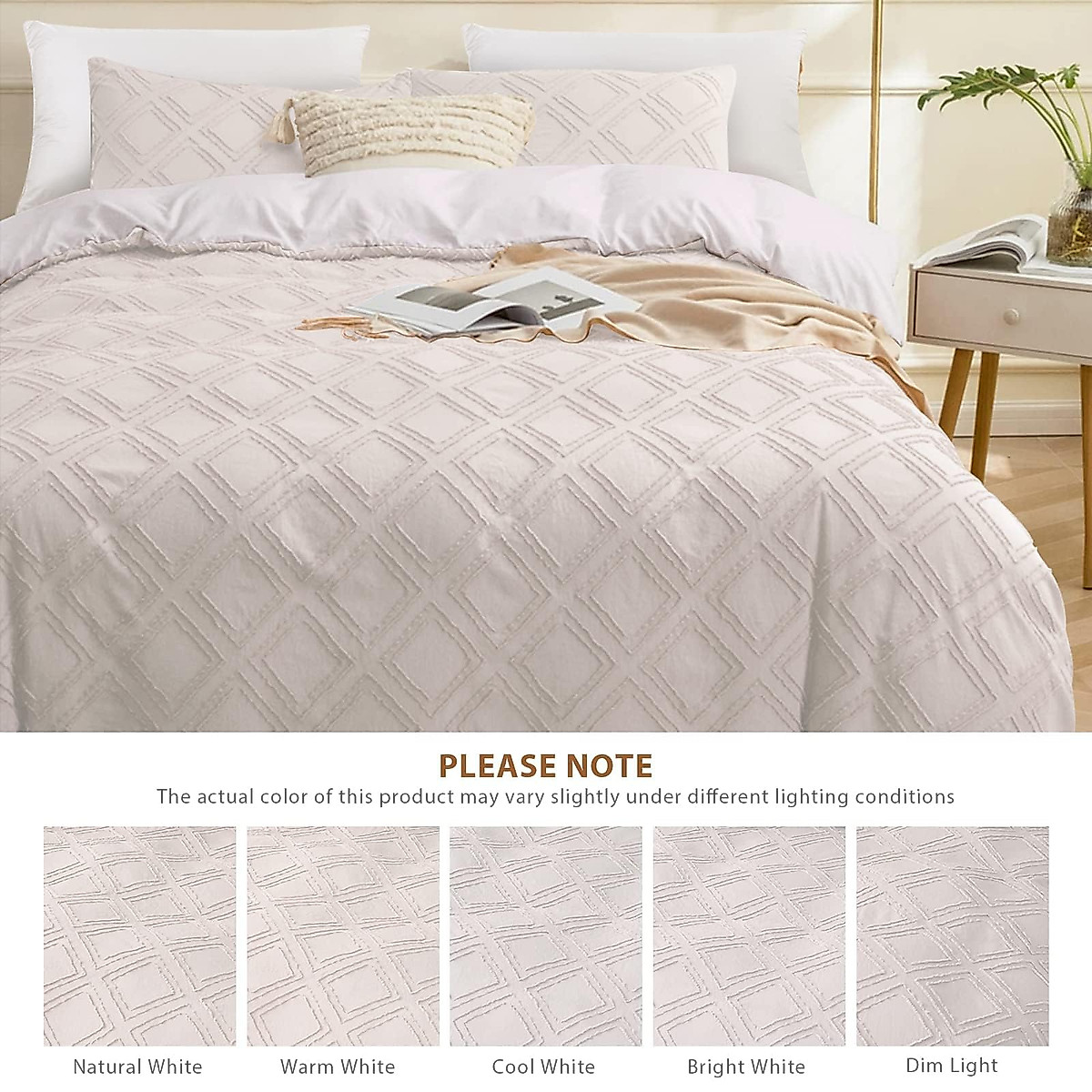 MUXHOMO Duvet Cover Queen Size - Beige Tufted Duvet Cover Set, Ultra Soft Boho Texture Bedding Set of 3 Pieces (1 Comforter Cover + 2 Pillowcases) with Double-Zipper Closure