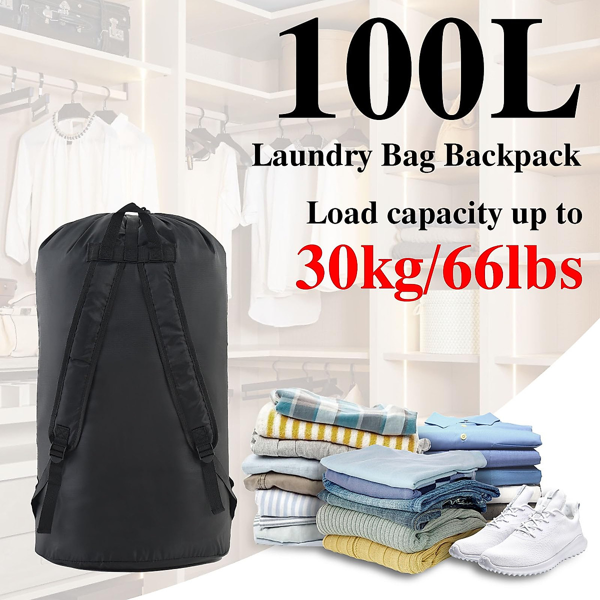 OTraki Laundry Bag 16 x 32 Inch Extra Large Dirty Clothes Laundry Backpack with Handle Adjustable Shoulder Straps Drawstring for Traveling Camping College Dorm Laundromat Black
