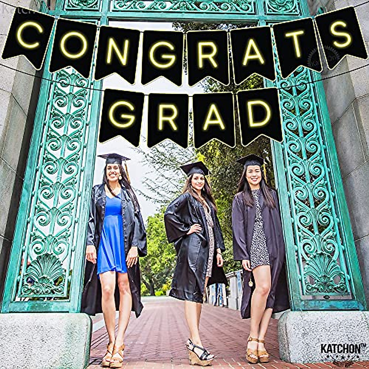 Black, Gold and Silver Star Hanging Swirls - Pack of 30, No DIY | Neon Glow, Congrats Grad Banner - NO DIY, 10 Feet Congrats Banner | Neon Effect Congratulations Banner | Black and Gold Grad Party