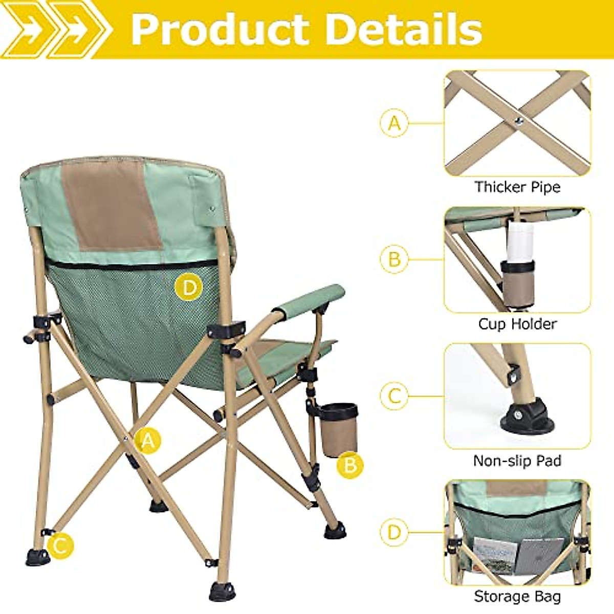 XGEAR Camping Chair with Padded Hard Armrest, Sturdy Folding Camp Chair with Cup Holder, Storage Pockets Carry Bag Included, Support to 400 lbs (1-Green)