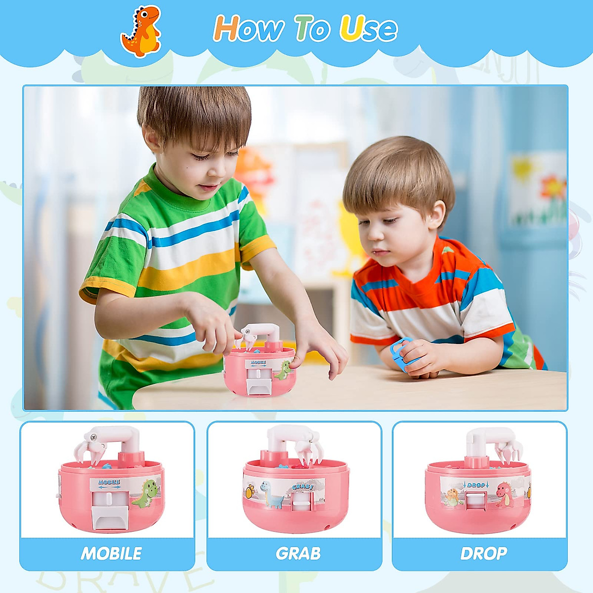 4 Sets Mini Dinosaur Claw Machine Toy Fish Catcher Stuff Toy Kid Prize Favor Handheld Tiny Toy with Figures Sea Creature Miniature Novelty Catcher Storage Box Birthday Carnival Party Game Gift