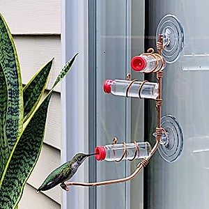 SWEET FEEDERS Window Hummingbird Feeder | Handcrafted Copper and Aluminum | Multiple Stations | Modern Hummingbird Feeder | Glass Bottles | Suction Cups (Copper, Three Station)