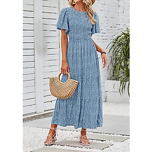 ZESICA Women's 2025 Summer Casual Floral Print Short Flutter Sleeve Crew Neck Smocked High Waist Flowy Maxi Dress,Blue,Large