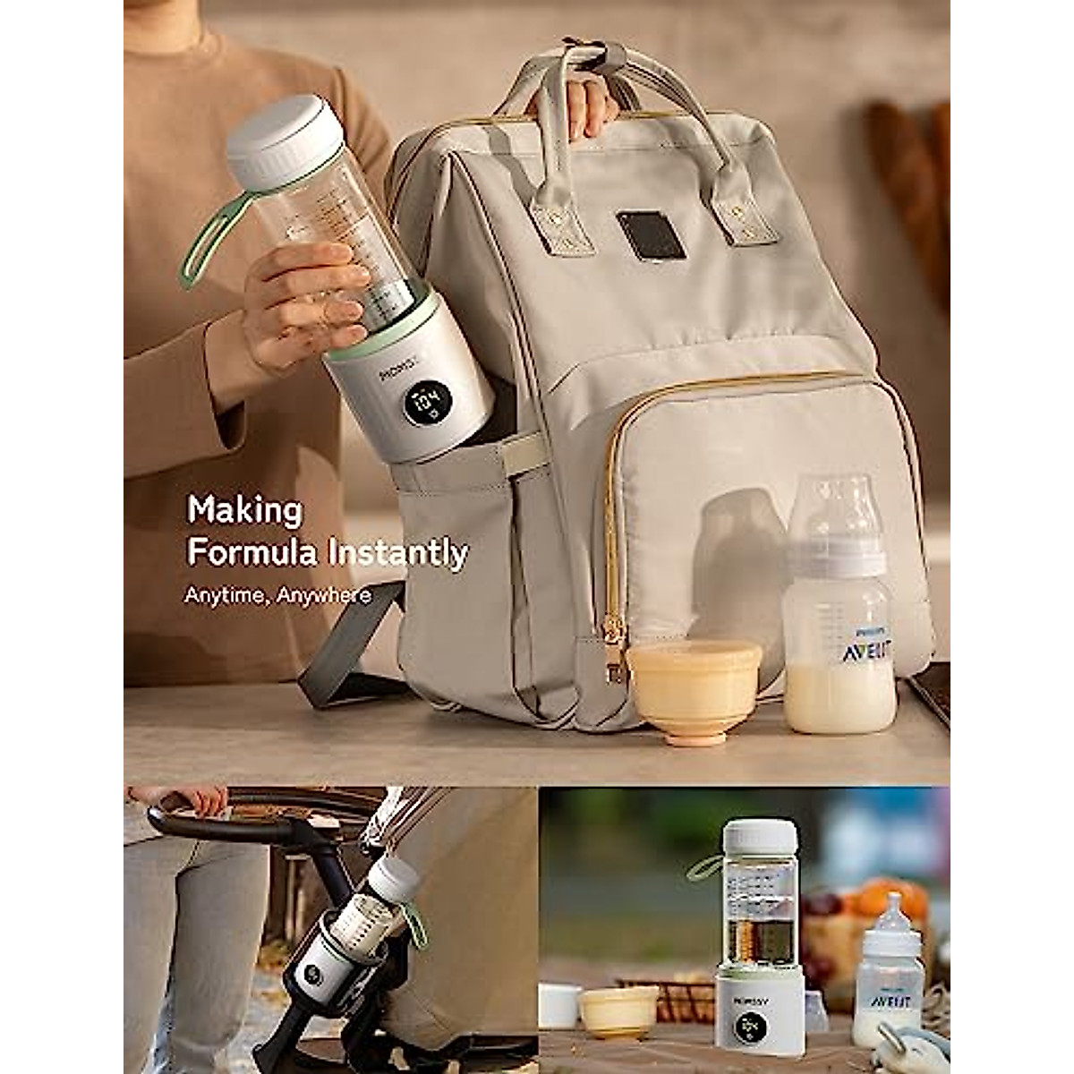 MOMSSY Portable Bottle Warmer, Baby Bottle Warmer for Breastmilk Formula, Smart Temperature Setting with Auto Shut-Off, Travel Bottle Warmer for Baby Brew, Milk Warmer USB Rechargeable Cordless White