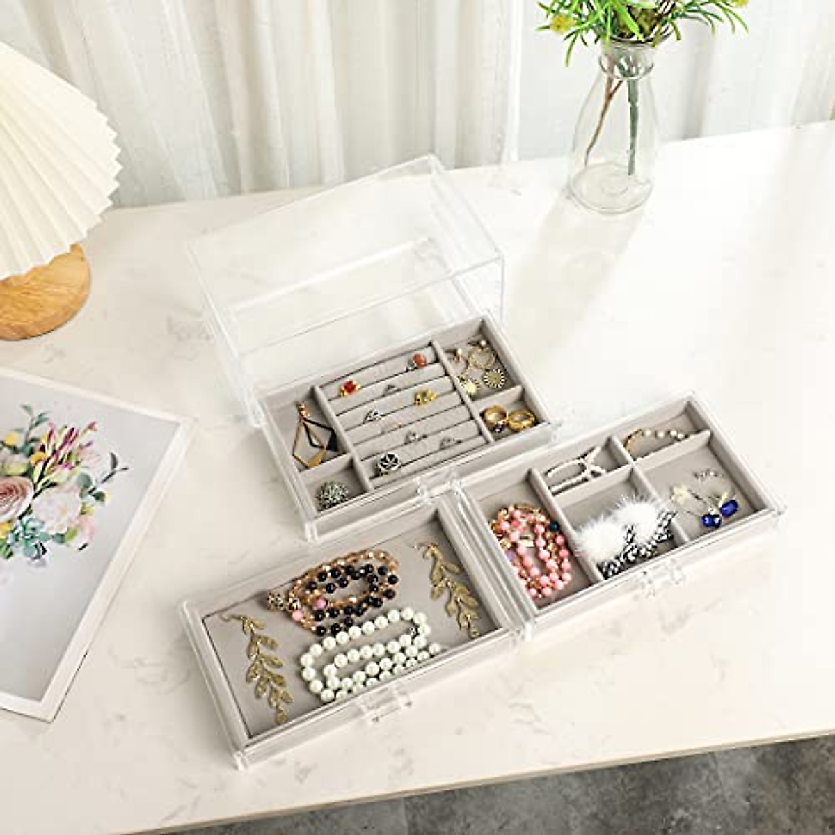 Acrylic Jewelry Boxes For Women With 3 Drawers Stackable Velvet Jewelry Organizer Holder for Earring Bangle Bracelet Necklace Ring Display Case Gift for Girls