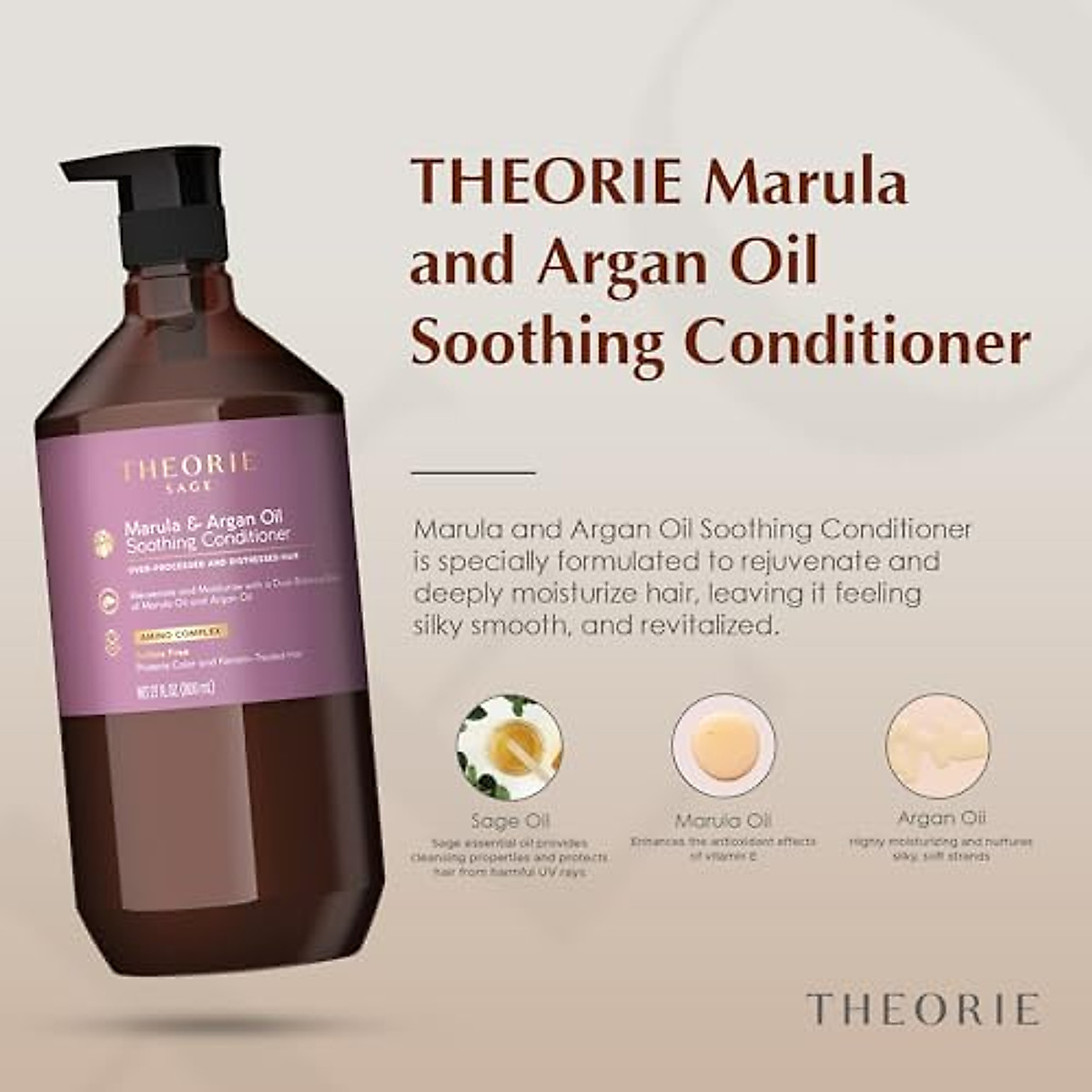 Theorie Marula and Argan Oil Soothing Conditioner - Rejuvenate & Moisturize - Suited for Over-Processed & Distressed Hair - Protects Color and Keratin Treated Hair, Pump Bottle 800mL