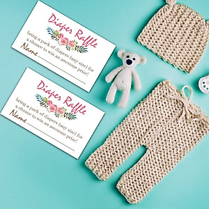 Pink Flowers Diaper Raffle Tickets for Baby Shower Invitation Inserts - 50 Baby Shower Game Cards.