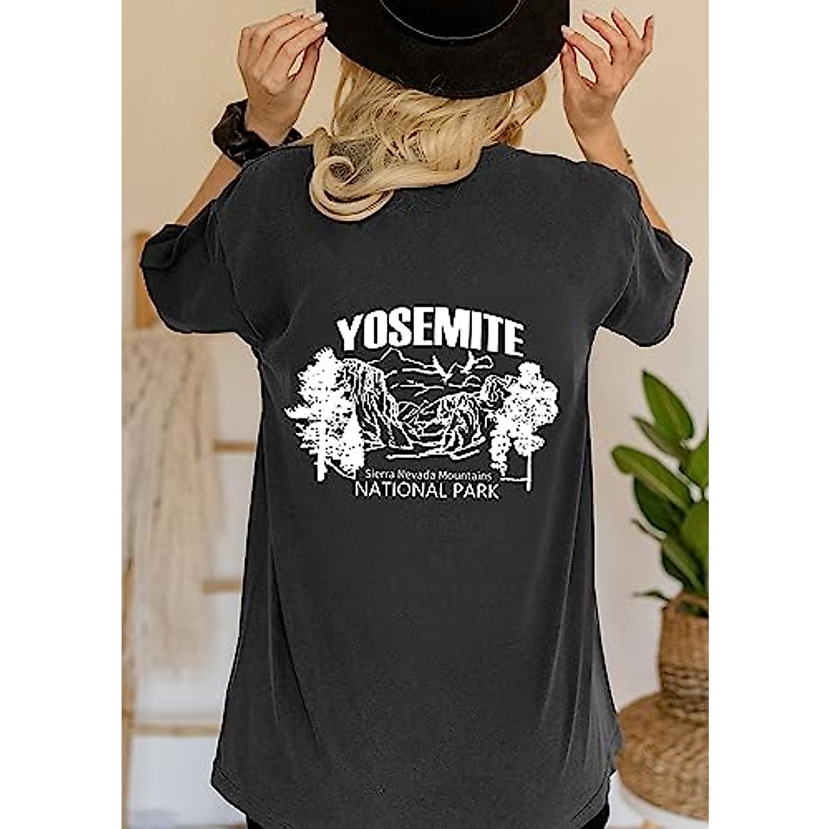 CSDAJIO Women's Letter Print Mushroom Shirt Oversized Graphic Tee Crewneck Short Sleeve T Shirt Back Yosemi Grey X-Large