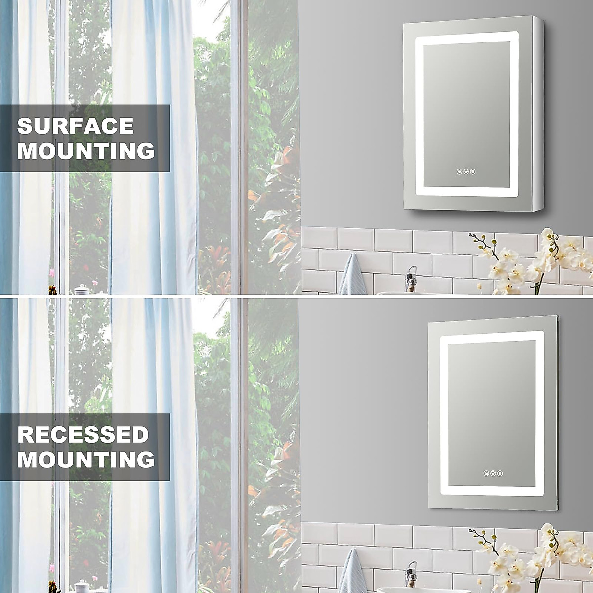 DURLDENG Lighted Medicine Cabinet with Mirror Electrical Outlet,20 X 26 Led Medicine Cabinet Mirror for Bathroom,Internal Light,Recessed Or Surface Wall Mounted, Defogger, Dimmer,Large Angle Hinge