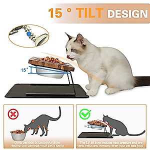 Aivituvin Elevated cat Bowls, 15°Tilted Raised Cat Food Bowl, Walnut Wood Water Stand Feeder Set for Cats and Puppy, Cat Bowl Stand with Anti Slip Mat(Small)