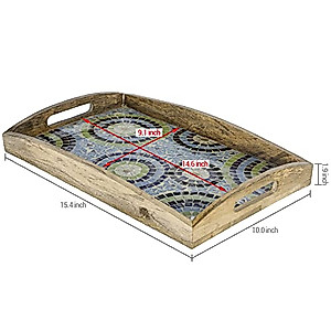 MyGift Mango Wood Serving Tray with Intricate Glass Mosaic Design, Rectangular Decorative Tray with Cutout Handles - Handcrafted in India
