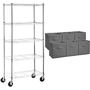 Amazon Basics 5-Shelf Adjustable, Heavy Duty Storage Shelving Unit on 4'' Wheel Casters, Metal Organizer Wire Rack, Chrome & Collapsible Fabric Storage Cubes Organizer with Handles, Gray - Pack of 6