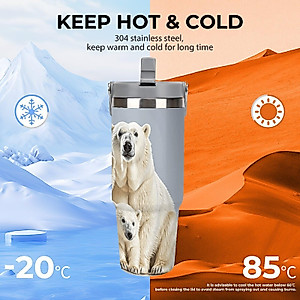 30oz Stainless Steel Insulated Tumbler with Flip Lid & Straw, Leakproof Travel Mug for Car, Polar Bear And Cub Double Wall Vacuum Thermal Coffee Cup with Handle, Spill-Proof Design for Hot/Cold Drinks