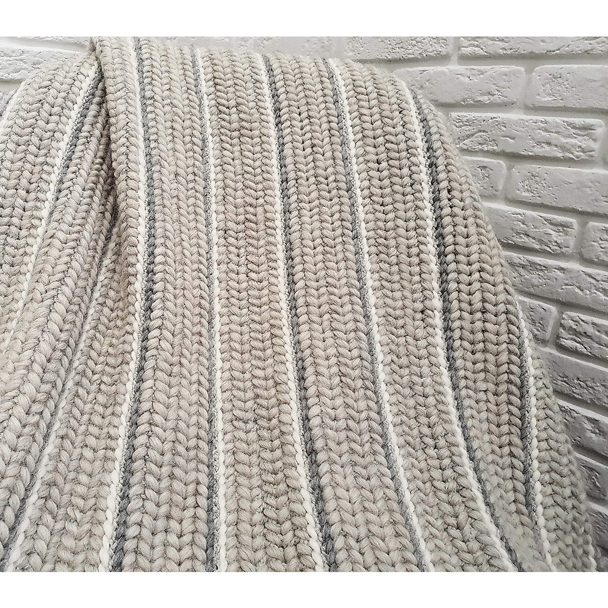 Crochet wool Blanket Gray Beige Warm throw blanket merino Knit Handmade Throw, 43x63 inches