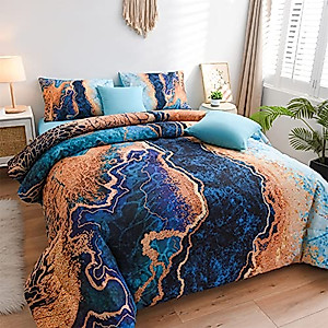 A Nice Night Marble Like Burning Mountain Printed Bedding Set,Retro Style Watercolor Artwork Design,Ultra Soft Comforter Set, 7pcs Bed in a Bag,Queen,Blue