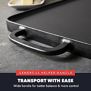 GreenPan x Bobby Flay Cast Iron Pre-Seasoned 11” Reversible Double Burner Rectangle Grill/Griddle, Helper Handles, Induction Suitable, Versatile Stovetop, Oven, BBQ & Fire, Indoor/Outdoor Use, Black