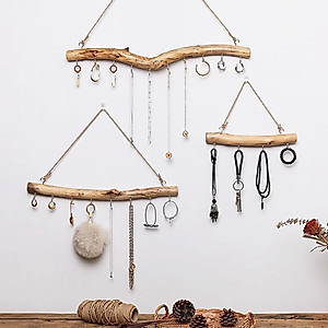 Logs for Decoration Natural Driftwood Decorative Branches Home Wall Hanging Decor Jewelry Organizers with 5 Hooks (15 Inch)
