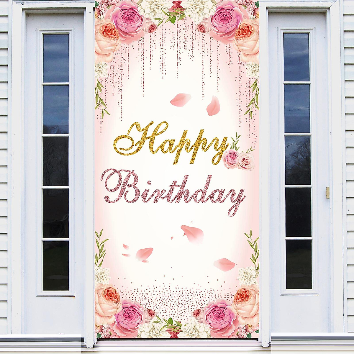 Rose Gold Birthday Door Banner Decorations, Pink Flower Happy Birthday Door Cover Sign Party Supplies for Women Girls, 16th 21st 30th 40th 50th 60th Birthday Photo Booth Background Decor