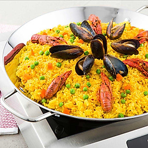 Restaurantware 10 Inch Spanish Paella Pan 1 Induction Ready Paella Pan - Heavy-Duty Riveted Handles Silver Stainless Steel Spanish Pan Dishwasher-Safe Paella Cookware For Homes or Restaurants