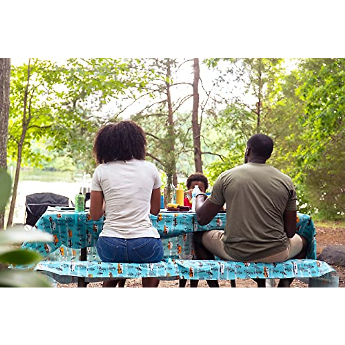 Camco Life is Better at the Campsite Tablecloth with Bench Covers | Provides a Clean Eating Surface for Outdoor Activities | Features an RV and Tree Sketch Design | (53380)
