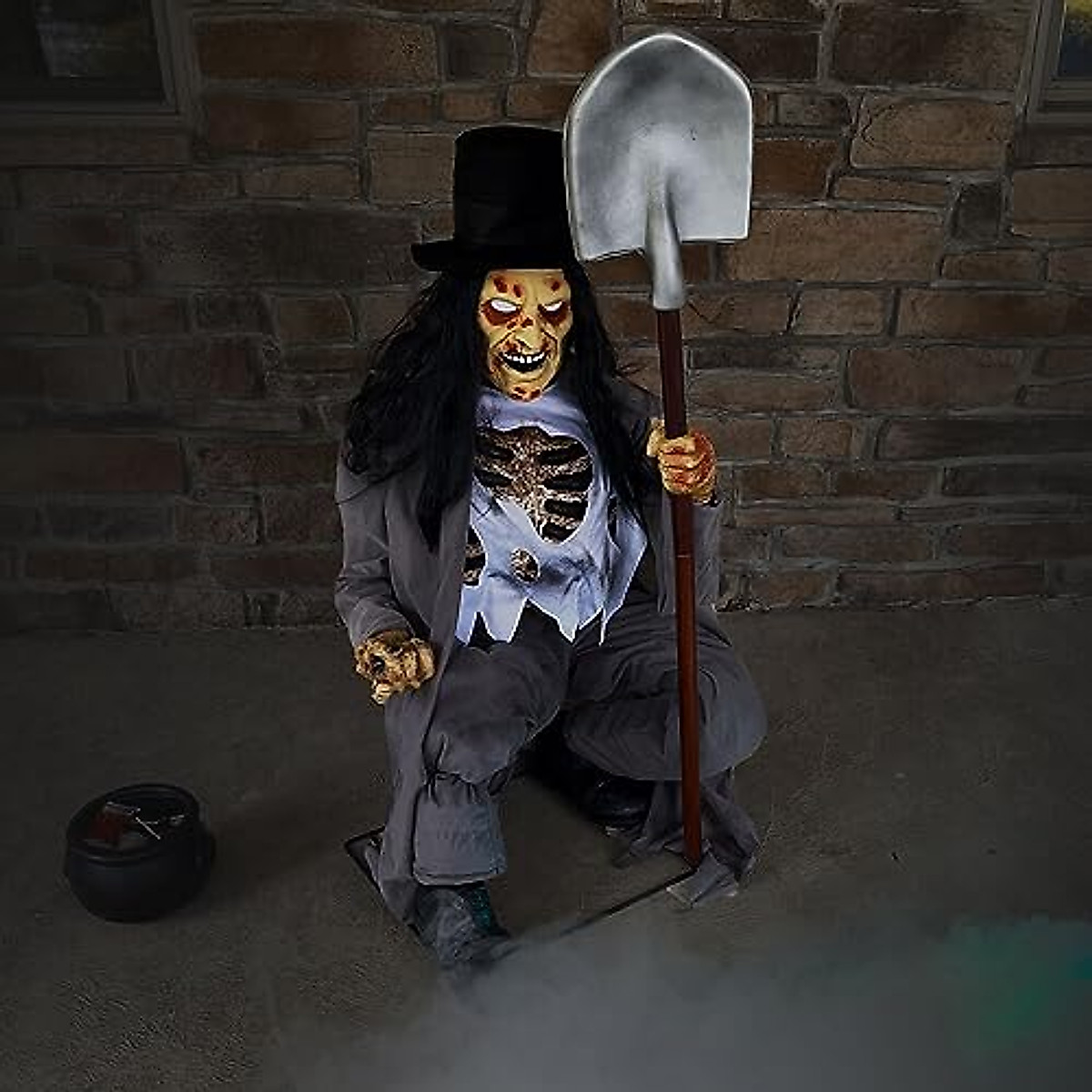 Haunted Hill Farm Motion-Activated Crouching Grave Digger by Tekky, Talking Scare Prop Animatronic for Indoor or Covered Outdoor Creepy Halloween Decoration, Plug-in or Battery Operated