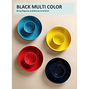 Teocera Pasta Bowls, Large Salad Bowls, Porcelain Bowl Set, Wide and Shallow, Microwave and Dishwasher Safe, 35 Ounce - Set of 4, Black Multi Color