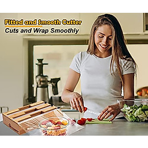 CASAMAY Foil and Plastic Wrap Organizer - Bamboo 3 in 1 Dispenser with Cutter & Labels, Wax Paper, Foil Organization Storage for 12 inch Roll or Less