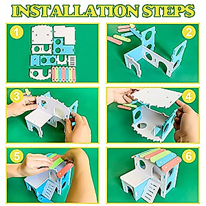 Sfcddtlg 7PCS Rainbow Hamster Toys-Dwarf Hamsters House-Wooden Gerbil Hideout Bridge Swing and Seesaw for Small Animal Gerbil Hamster Hedgehog(7PCS)