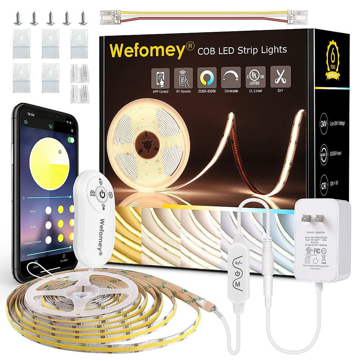 Wefomey COB LED Strip Light White CCT Tunable 3200LEDs, 16.4ft Dimmable 2700K-6500K 24V LED Tape Lights with Remote and APP, UL Power Supply, Led Light for Bedroom, Kitchen, Cabinets, DIY Lighting