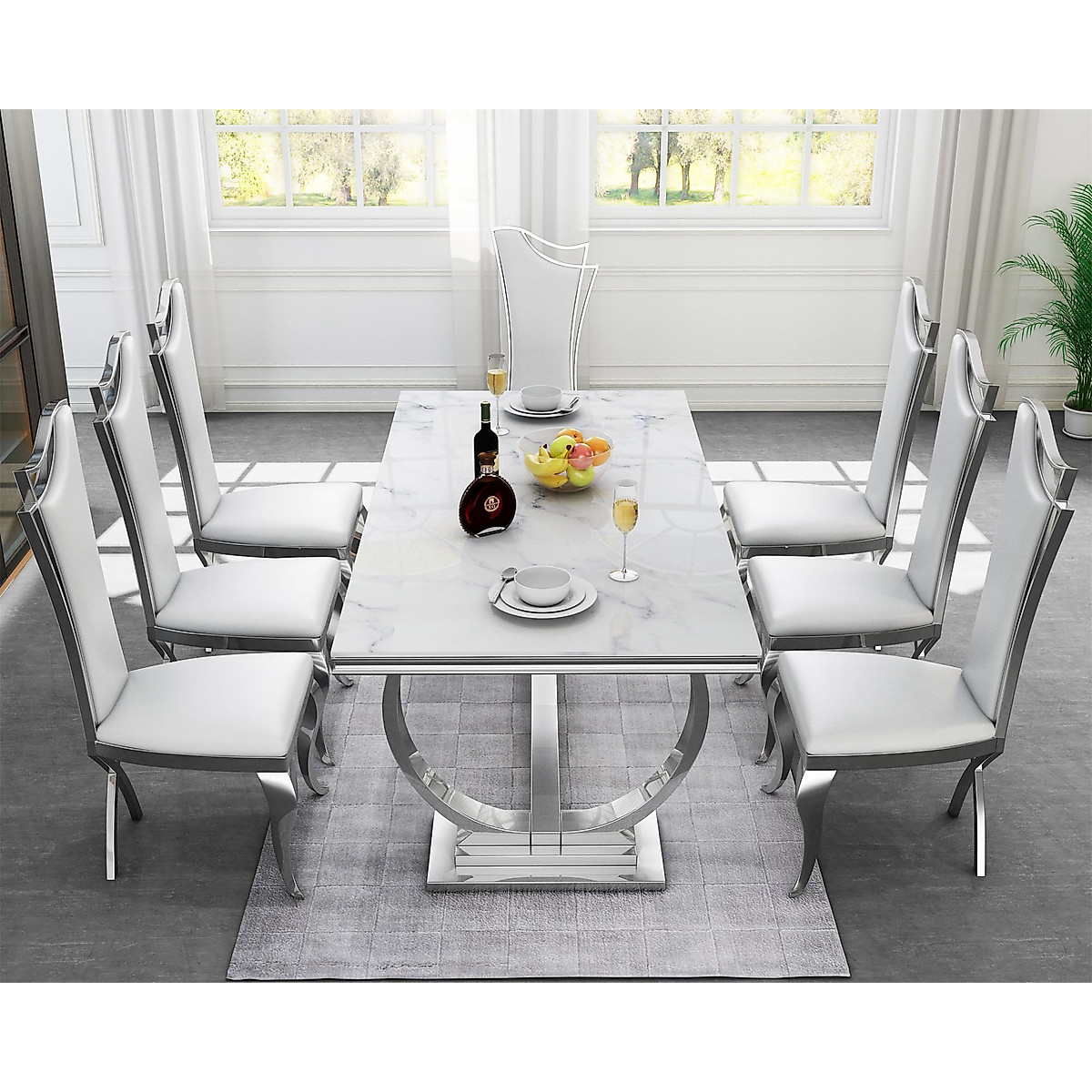 70'' Marble Dining Room Table for 6 or 8, Modern Marble Dining Table w/Silver Stainless Steel U-Base Rectangular Kitchen Table for 8, Large White Dining Table for Home Kitchen Dining Room