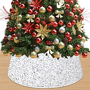 FUHSY Sequin Christmas Tree Collar White Christmas Tree Skirt 23.6 Inch Diameter Round Glittery Sequin Tree Skirts Velvet Xmas Tree Ring Box Christmas Santa Tree Stand Base Cover for Winter Holiday