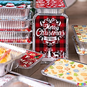 JOYIN 48 Pieces Christmas Foil Containers with Lids, 8 Holiday Designs, 7"x5"x2" Rectangular Treat Foil Containers, Disposable Food Storage Pan for Holiday Leftovers Goodie Container