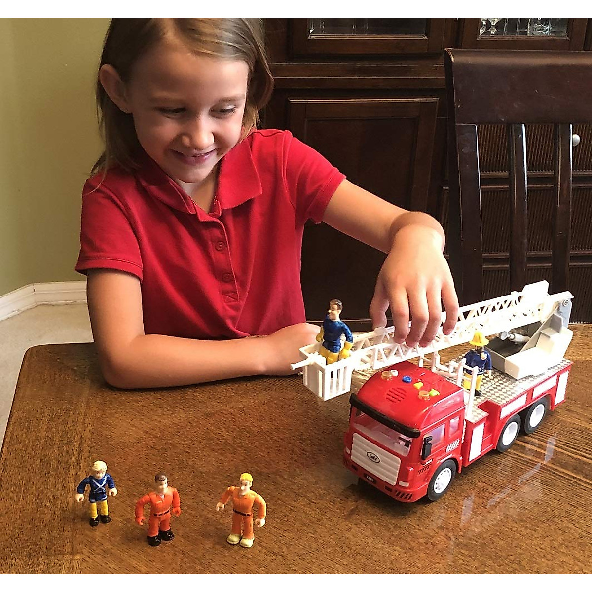 FUNERICA Fire Truck Toy with Flashing Lights, 4 Siren Sounds, Extending Rescue Ladder, Friction Strong Powered Firetruck Engine, Best Firefighter Playset Birthday Gift for Toddlers, Kids, Boys, Girls