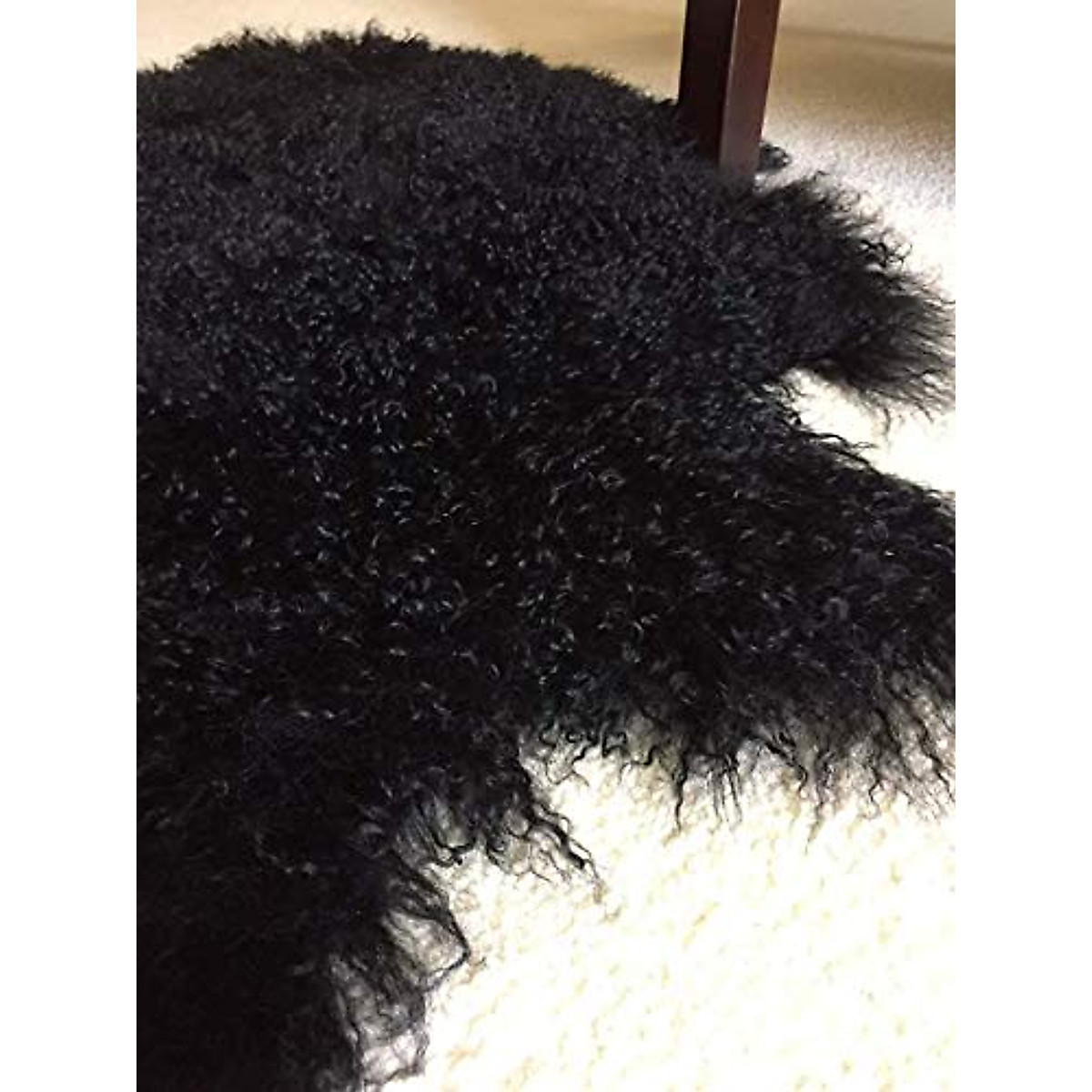 Seek4comfortable Black Genuine Mongolian Sheepskin Pelt Fur Area Rug, Tibetan Curly Fur Throw with Super Fluffy Thick Decorative As Throw Rug 41.5-43.5in Long and 24-25.6 in Wide