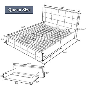 HOOMIC Queen Upholstered Platform Bed Frame with 4 Storage Drawers, Wooden Slats Support, Adjustable High Headboard with Square Stitched Button Tufted Design, No Box Spring Needed,Dark Grey
