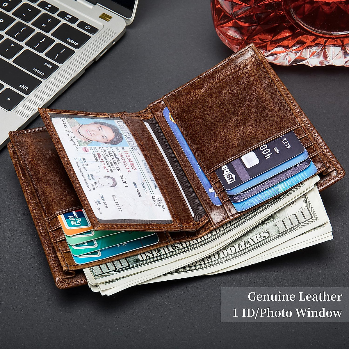 Mens Leather Bifold RFID Vertical Wallet Extra Large Capacity Card Holder with 16 Slots and ID Window Brown