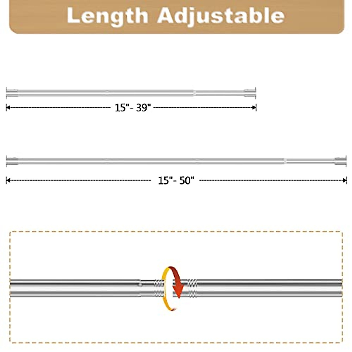 CALCHELE Closet Rods for Hanging Clothes, 15 to 50 Inch Adjustable Clothes Rod for Closet, Heavy Duty Closet Rod Extender Closet pole for Wardrobes